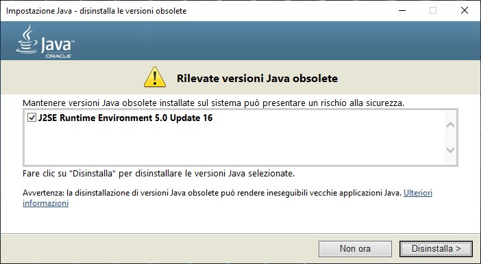 Aggiornamento Java Disponibile - attenzione Docfa