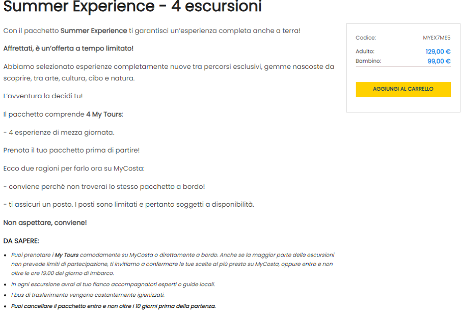 Costa Crociere prezzi pacchetti escursioni : Summer Experience 2 - 3 ...