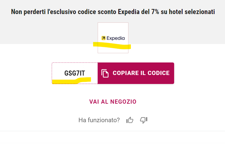Expedia coupon voucher del 5% del 7% di sconto