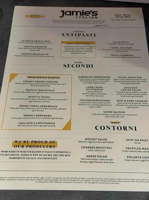 RCCL: JAMIE OLIVER ANNUNCIA NUOVO MENU' DEL SUO RISTORANTE JAMIE'S ITALIAN